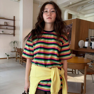 San Francisco-26年夏上新彩虹条纹撞色设计感宽松短袖T恤女