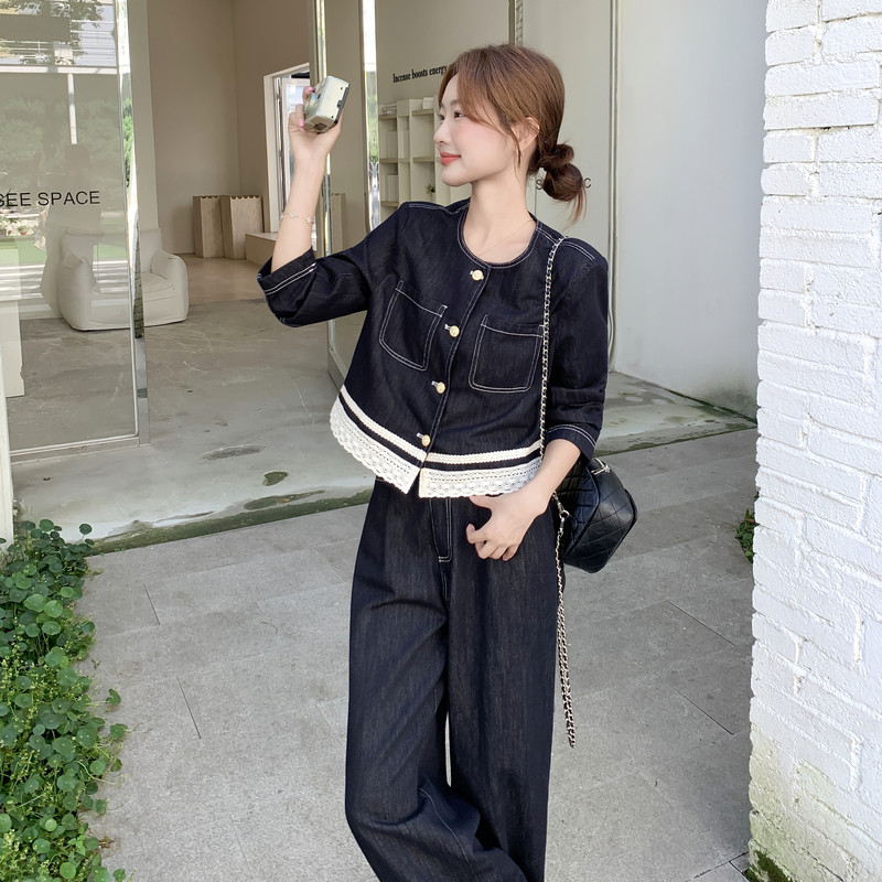 2025秋季新款现货深蓝色牛仔蕾丝拼接阔腿裤套装166-2580P155K228_茜茜公主166-2580P - 杭州女装网