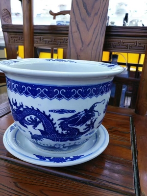 景德镇陶瓷花盆送底托28厘米家用青花中国风商用发财树铁树落地盆