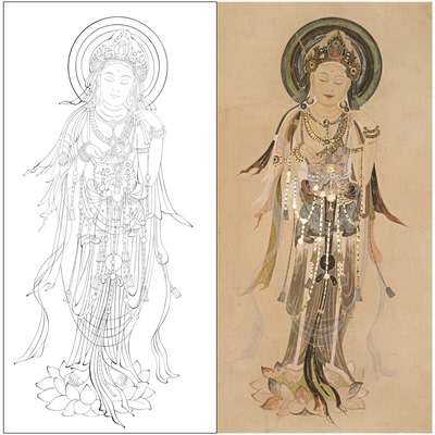 高清竖幅佛像人物莫高窟57窟美人观音敦煌壁画工笔画白描底稿893L