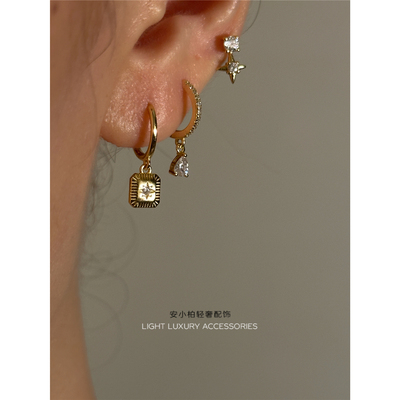 安小柏 通体s925纯银叠戴耳环组合 八芒星镶钻水滴锆石欧美耳钉女