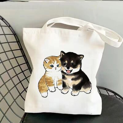 可爱卡通猫咪印花拉链帆布袋包女