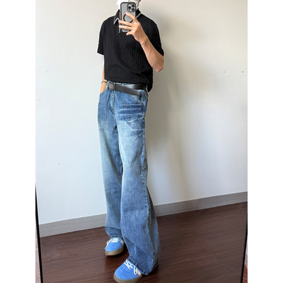 美式高街水洗铆钉竹节阔腿牛仔裤男直筒宽松显瘦baggy休闲长裤子
