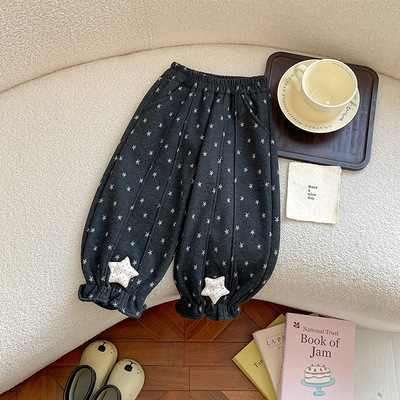 RS26049女童加绒裤子2026秋冬新品儿童加绒休闲裤韩系加绒星星裤