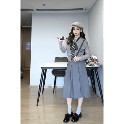 T4616知识分子风气质烟灰色中长裙 百褶裙 半身裙女2026春夏新款