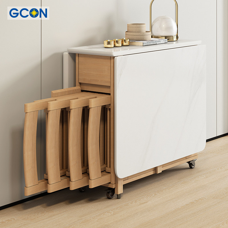 志光实木折叠餐桌小户型岩板餐桌椅组合可移动折叠桌家用吃饭桌子_虎窝淘