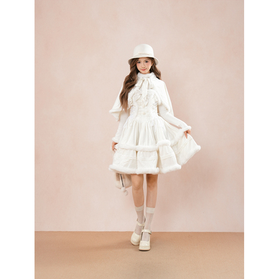 冬日巡礼 日系甜美可爱学院风蝴蝶结披肩lolita设计感连衣裙套装