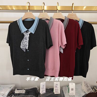 拾色YM-89649莱赛尔女针织衫2026夏款翻领短袖轻熟风丝巾小资T恤