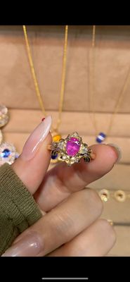 天然无烧粉蓝宝石戒指1.1克拉 金重2.84g 18k金钻石镶嵌 宫廷风