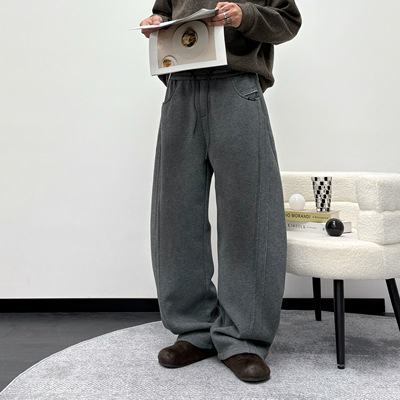 冬季加绒复古做旧拼接痞帅宽松直筒卫裤男美式扎染微阔垂感运动裤