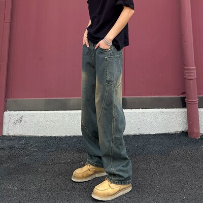 水洗蓝弯刀加长高腰显瘦牛仔裤男
