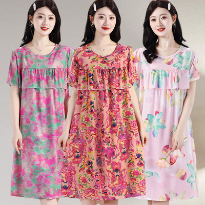 棉绸睡裙夏季薄款女士连衣裙人造棉睡衣简约宽松舒适居家服可外穿