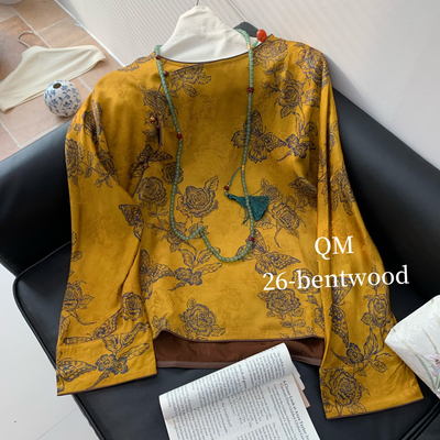 瑞瑞衬衣长袖复古印花宽松通勤新中式国风上衣小衫(人丝)Cdx1159