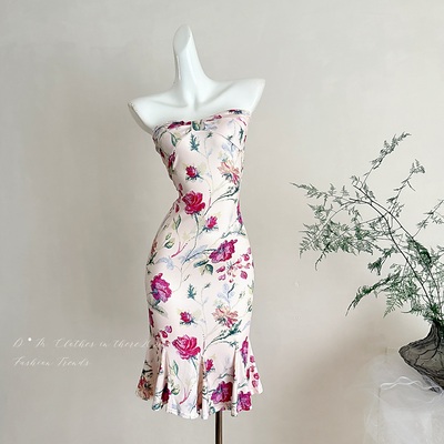 WW定制午夜繁花碎花显瘦复古抹胸无袖连衣裙包臀收腰度假长裙