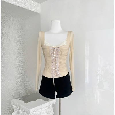 kubiliv娇嗲美人交叉绑带性感网纱T恤女修身收腰纯欲蕾丝上衣