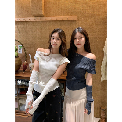 GS十三行秋季新款时髦辣妹斜肩袖套针织背心女配可拆卸袖套G7122