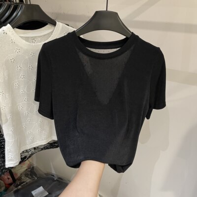 撞色字母印花袖子镂空T恤女