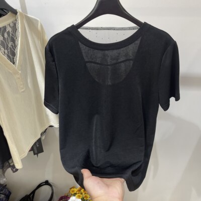 圆领后背蕾丝烫钻拼接短袖T恤女