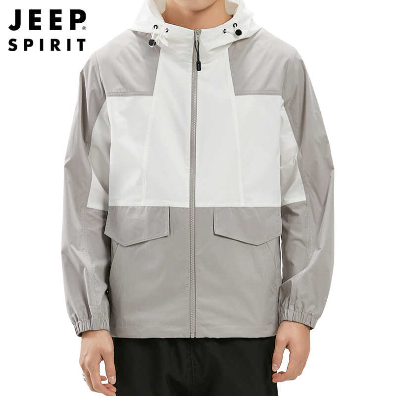 JEEP SPIRIT夹克士秋季宽松休闲冲锋上衣新款连帽运动拼色外套男