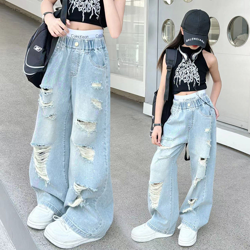 2026夏季新款女童裤子薄款洋气破洞烫钻阔腿裤中大童儿童牛仔裤潮