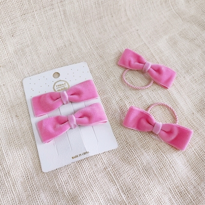 韩式粉红色丝绒小女孩蝴蝶结发圈不锈钢儿童侧边对夹双马尾橡皮筋