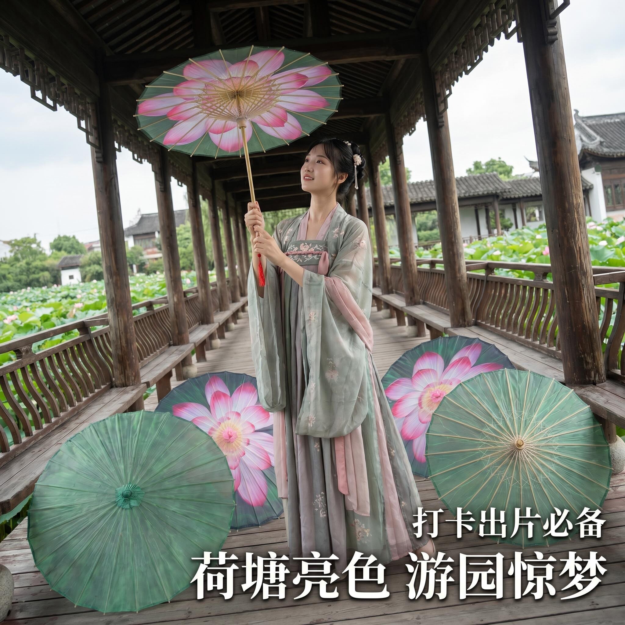 千熙古风荷花油纸伞汉服搭配伞舞蹈演出伞遮阳防晒伞荷塘拍摄道具
