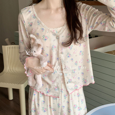 四季女螺纹棉碎花猫咪睡衣