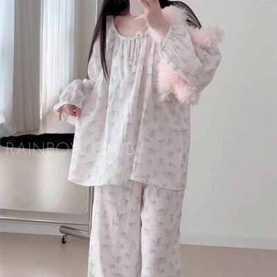 四季全棉纱布兰清新线条家居服女