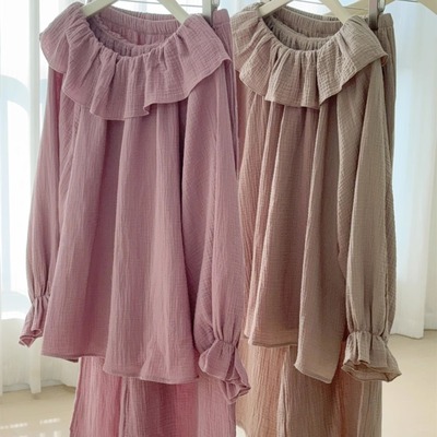 全棉双层纱布复古荷叶边家居服女