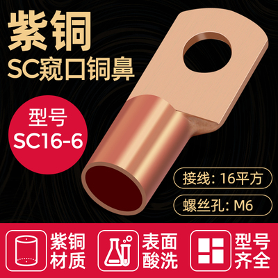 SC铜鼻子窥口接线端子船用短型电缆接头压线鼻纯铜线耳10/16/25-8