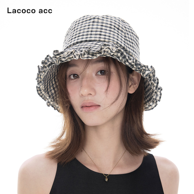 Lacoco复古木耳边格纹渔夫帽女