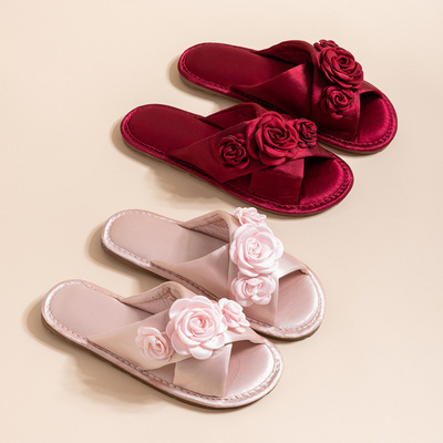 仙女风拖鞋四季花朵丝滑绸缎软底时尚山茶花室内防滑平底外穿拖鞋