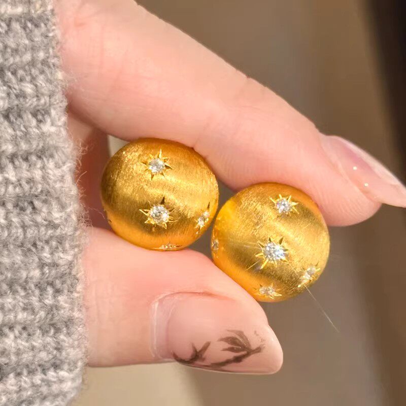 925银金色拉丝小金球微镶锆石星海光芒耳钉2026新款耳环耳饰品女