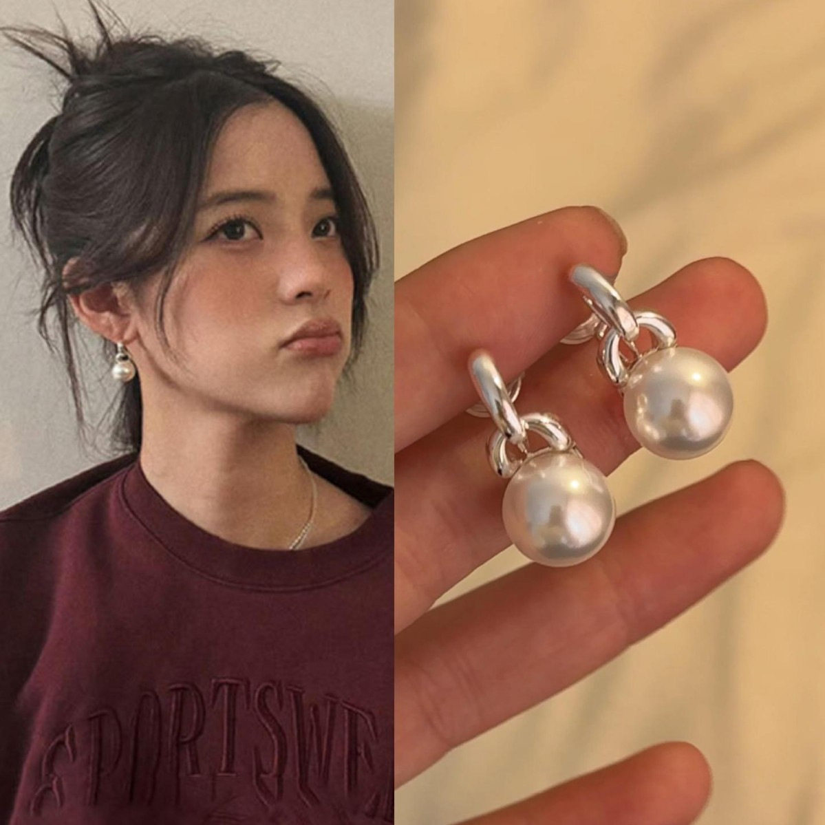 东亚银堡|925银娜娜同款轻奢高级珍珠耳钉女高级贝珠独特耳夹时尚