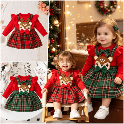 Toddler Baby Girls Christmas Dress Long Sleeve Reindeer Appl