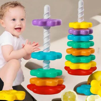 Montessori Baby Tower Game; Spinning and Stacking Rainbow Pu