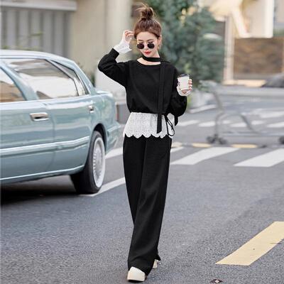 时尚装2502春YF2538-0秋洋气带蕾丝拼接领套卫衣休闲长裤两件套 Y