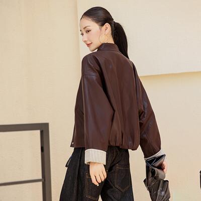 复古YG83002-高级感皮衣外套女季袖接计口拼设感夹克秋上衣