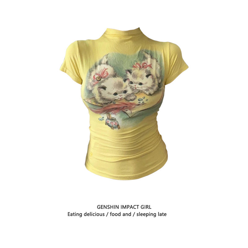 设计感猫咪印花短袖T恤衫女夏季新款修身显瘦半高领短款露脐上衣