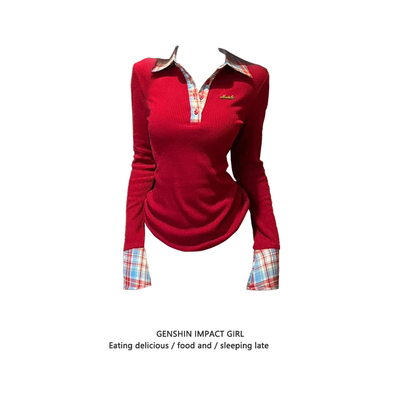 辣妹polo领格子拼接长袖t恤女