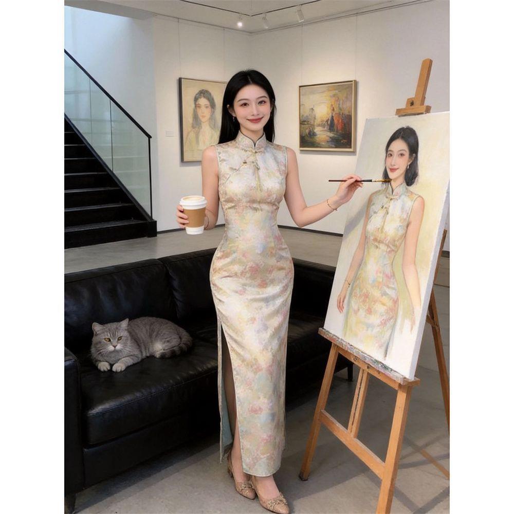 旗袍中式复古新日常女改良绝美气质无袖国风蓝色印花连衣裙中长款