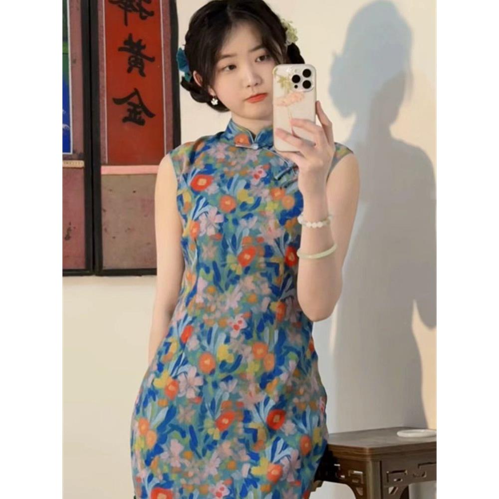 修身新无袖清新中式中印花开叉立领花卉连衣裙国风长裙旗袍显瘦侧
