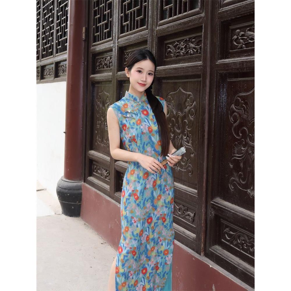 中长款收腰感蓝底新油画旗袍中式连衣裙国风显瘦碎花改良无袖女