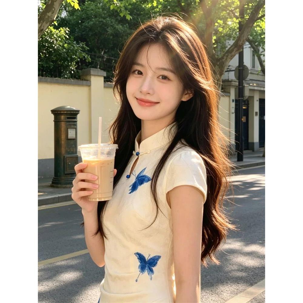 款短袖连衣裙女中长款夏季国风中式旗袍裙收腰改良新立领显瘦米白