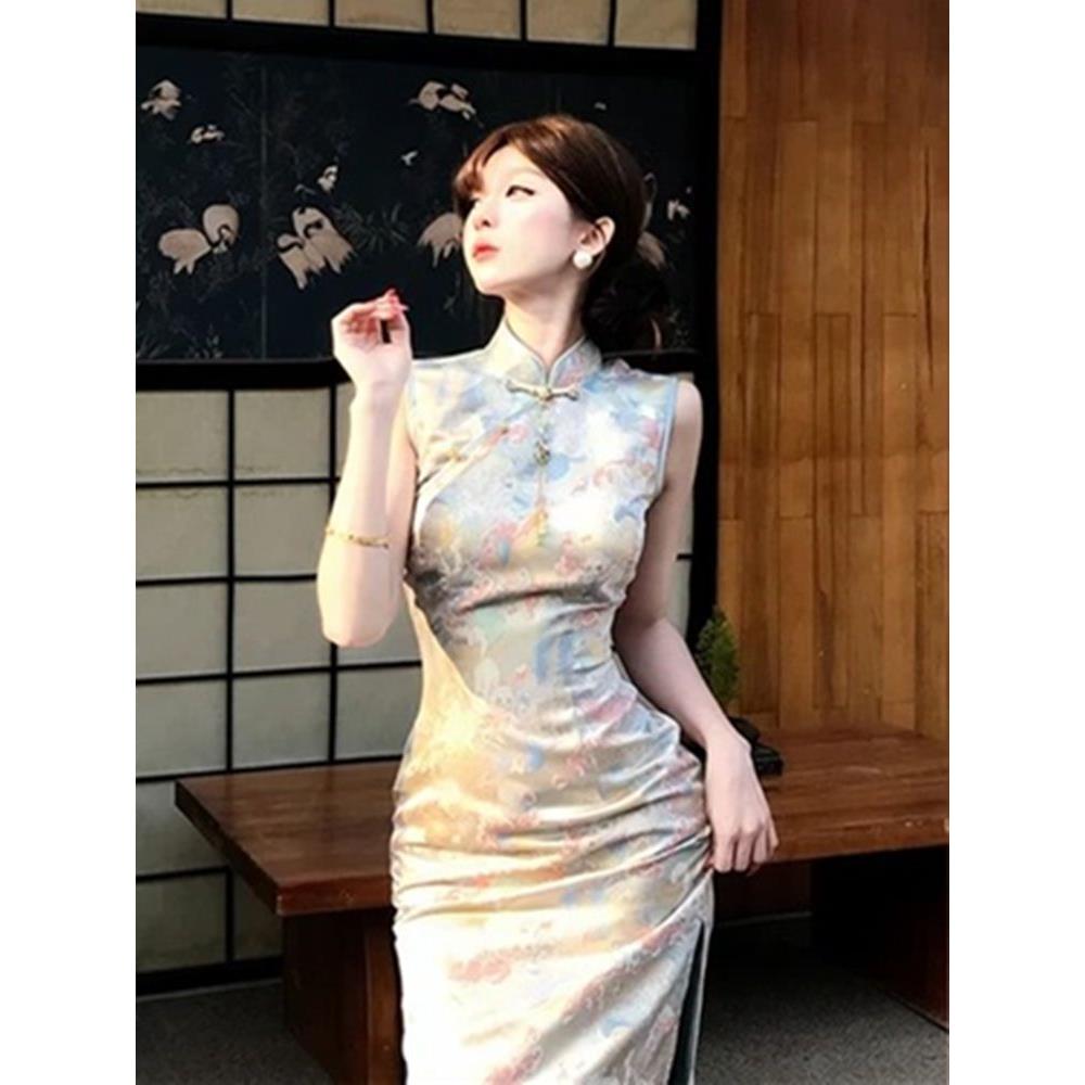旗袍国风碎花改良气质收腰显瘦开叉连衣裙无袖新中式中长款油画