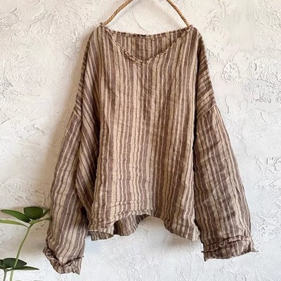 吕家小院文艺女装 初夏春秋适穿 色织亚麻上衣朴拙毛边小衫条纹衣