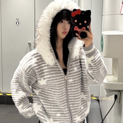 蓝色星星提花连帽针织开衫女秋冬