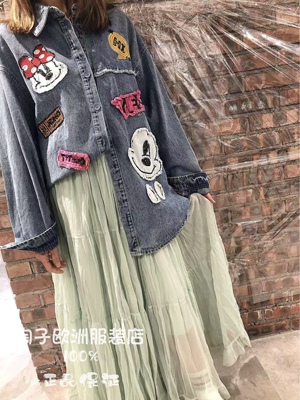 意大利品牌michelle正品卡通图案装饰系扣牛仔衬衫上衣2026秋冬女