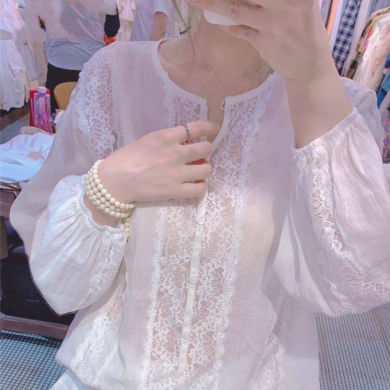 白色蕾丝衬衣女春夏季2026年新款七分袖雪纺衬衫宽松遮肚子上衣潮
