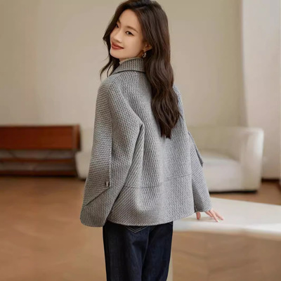灰色简约翻领毛呢大衣女春秋新款